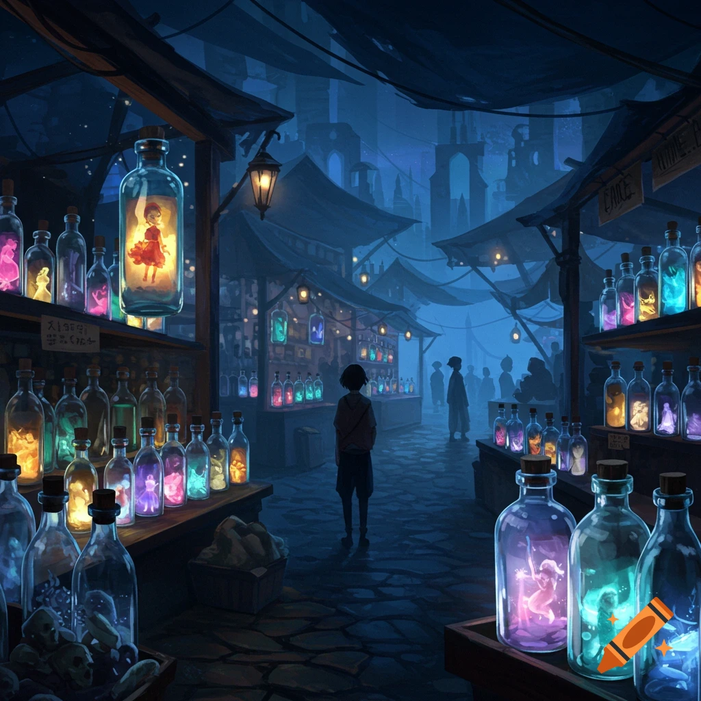 Dimly lit shop filled with mystical artifacts like crystals, books, and ...