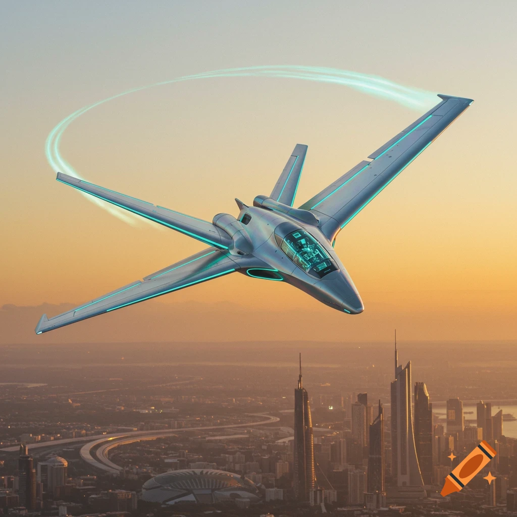 A sleek, futuristic silver aircraft with glowing teal accents flies ...