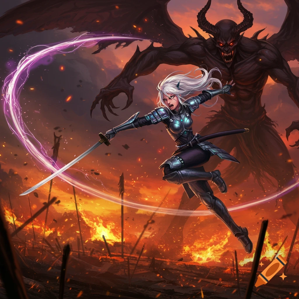 An anime warrior leaps, swinging a katana with a purple blur, battling ...