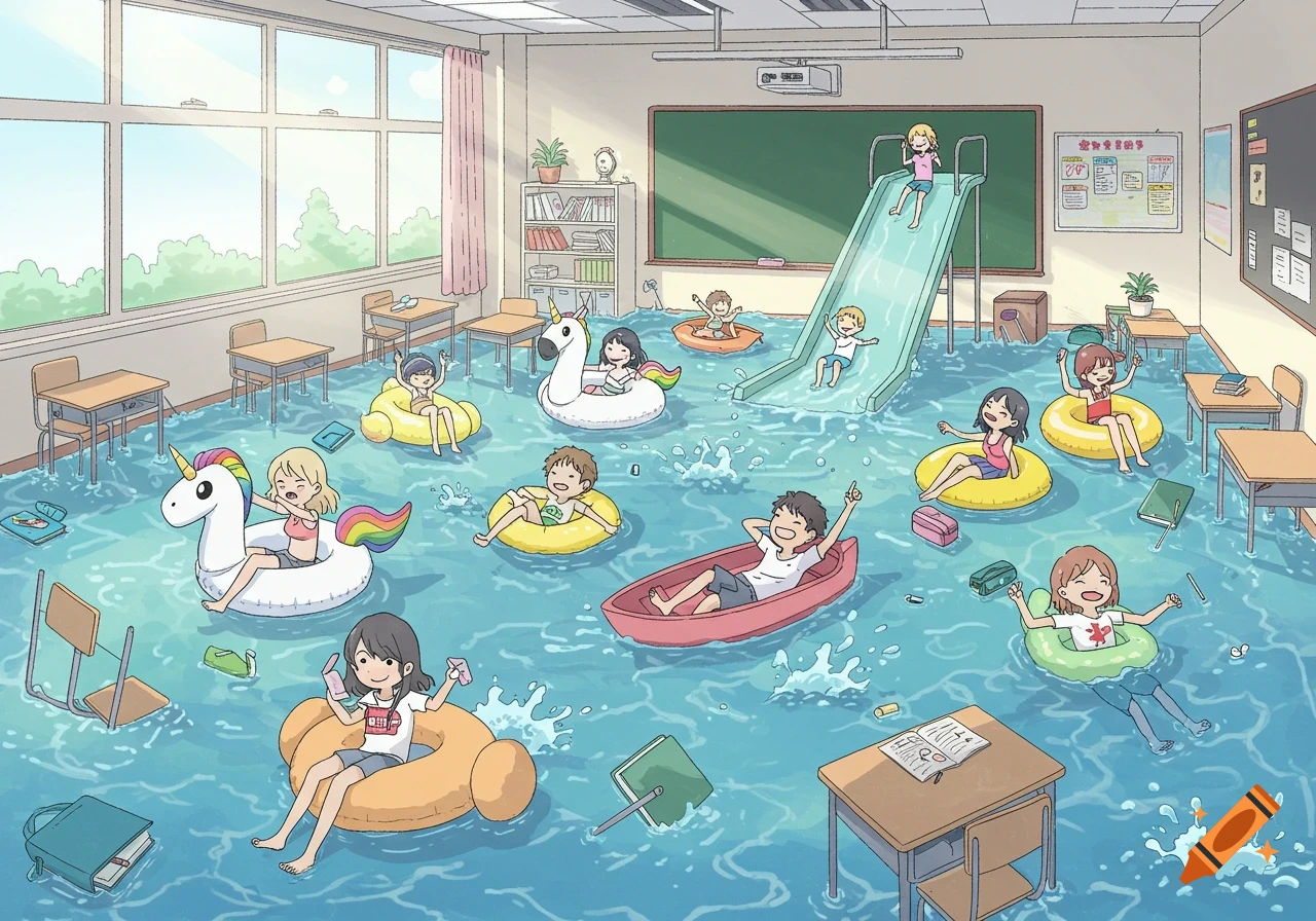 A friendly, smiling cartoon-style swimming instructor in a blue ...