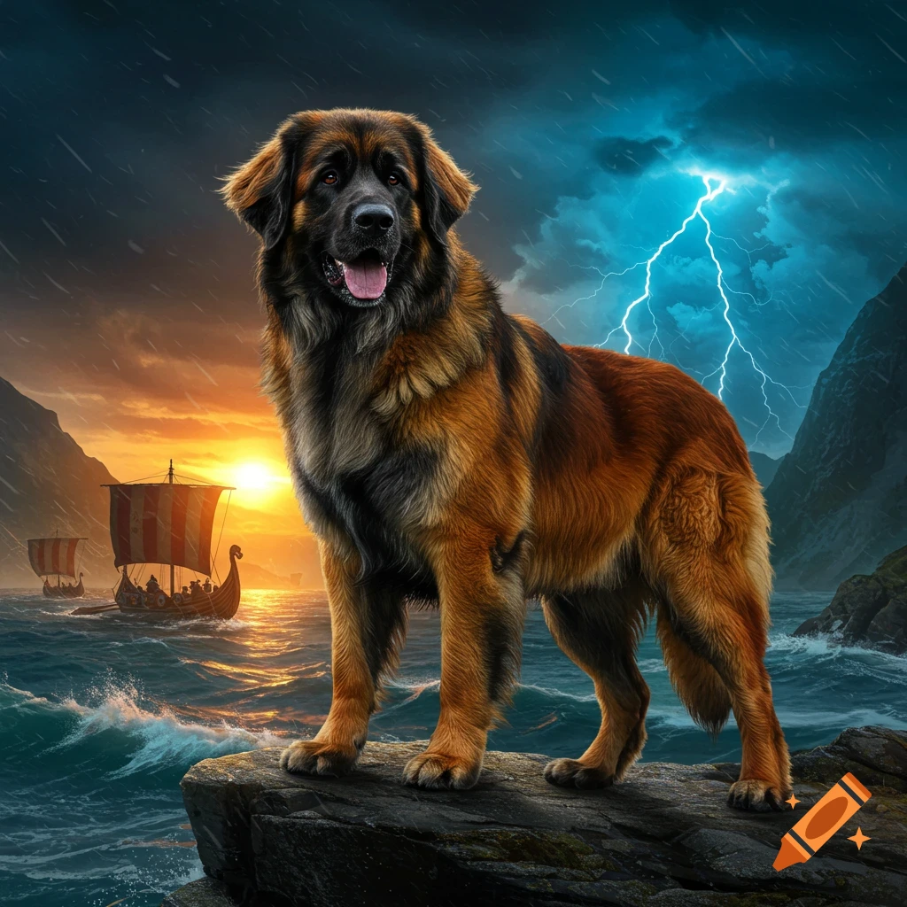A majestic Leonberger dog stands on a rock with a stormy sea, viking ...