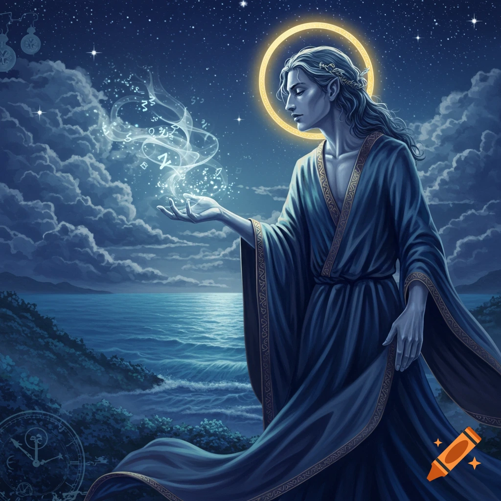 A god-like figure with long hair and a halo, wearing a flowing robe ...