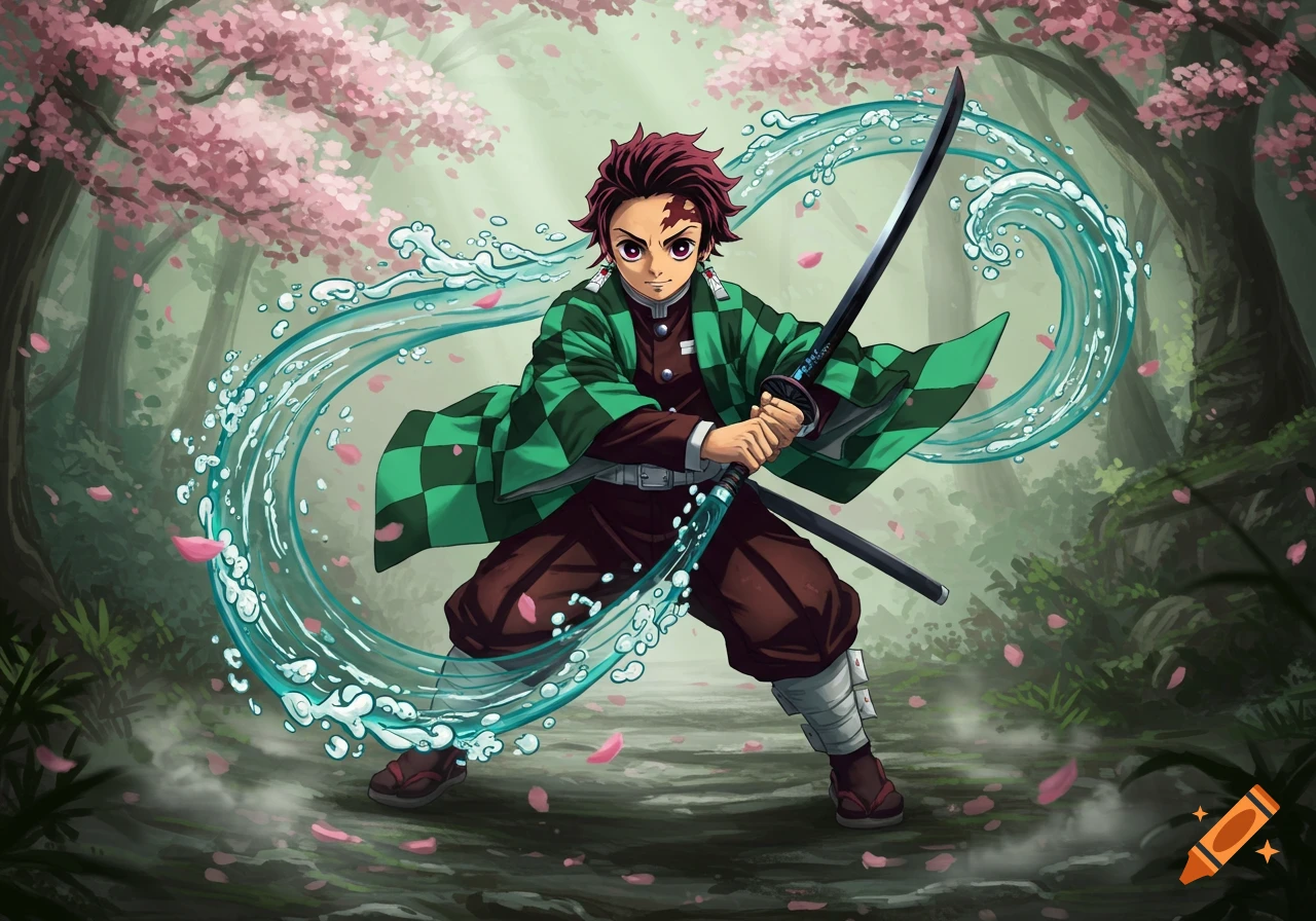 Anime character resembling Tanjiro from Demon Slayer holding a glowing ...