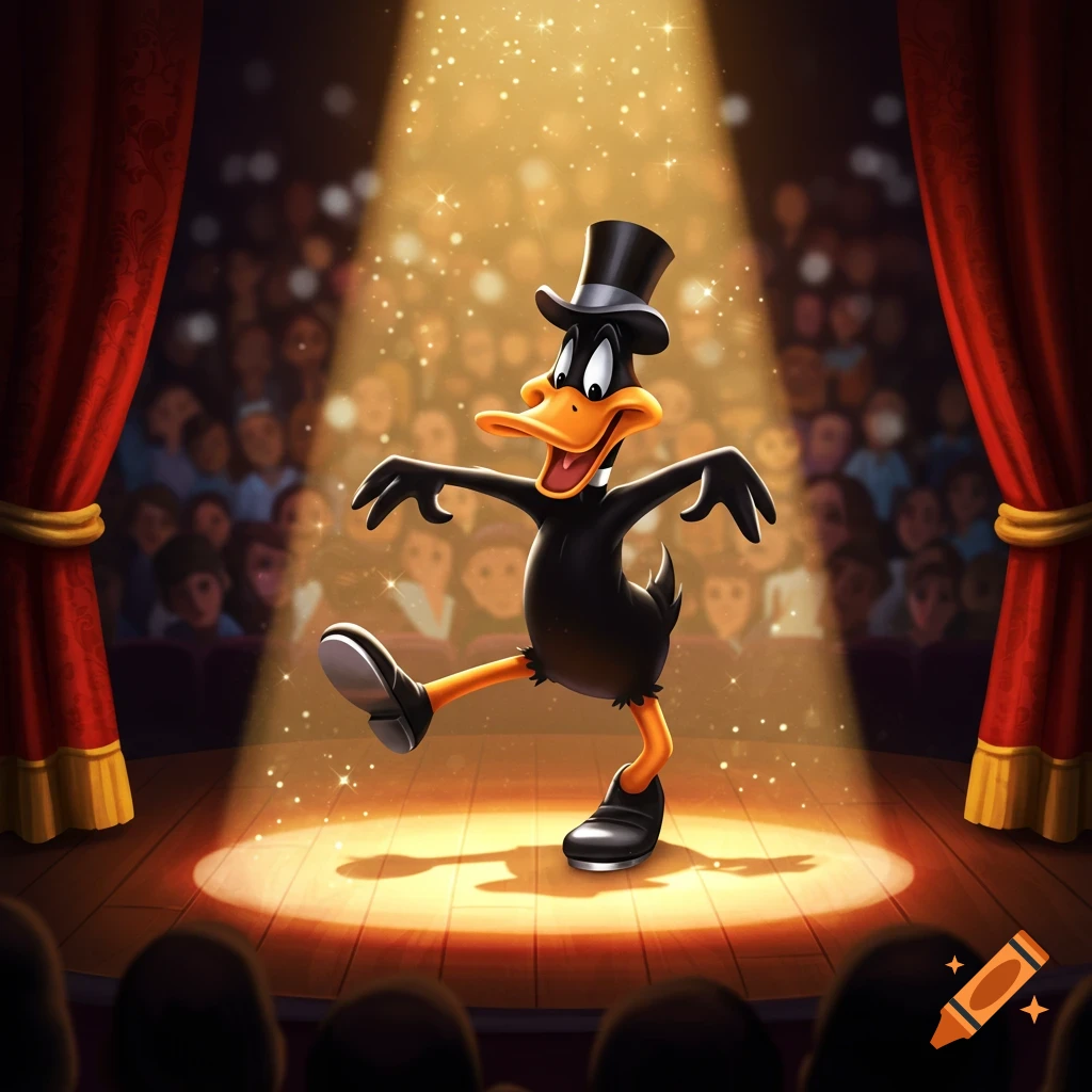 Daffy Duck in a top hat and tap shoes performs a tap dance on a ...