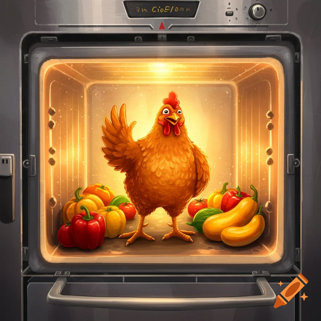 A cartoon chicken waves inside a brightly lit oven surrounded by ...