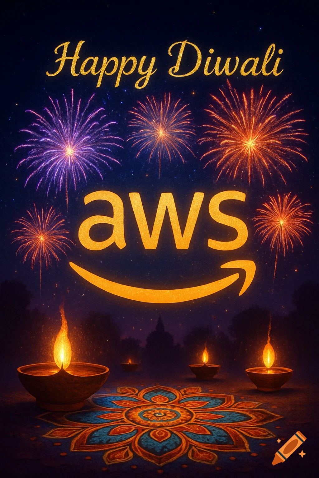 A vibrant Happy Diwali scene with fireworks, glowing oil lamps, and a ...