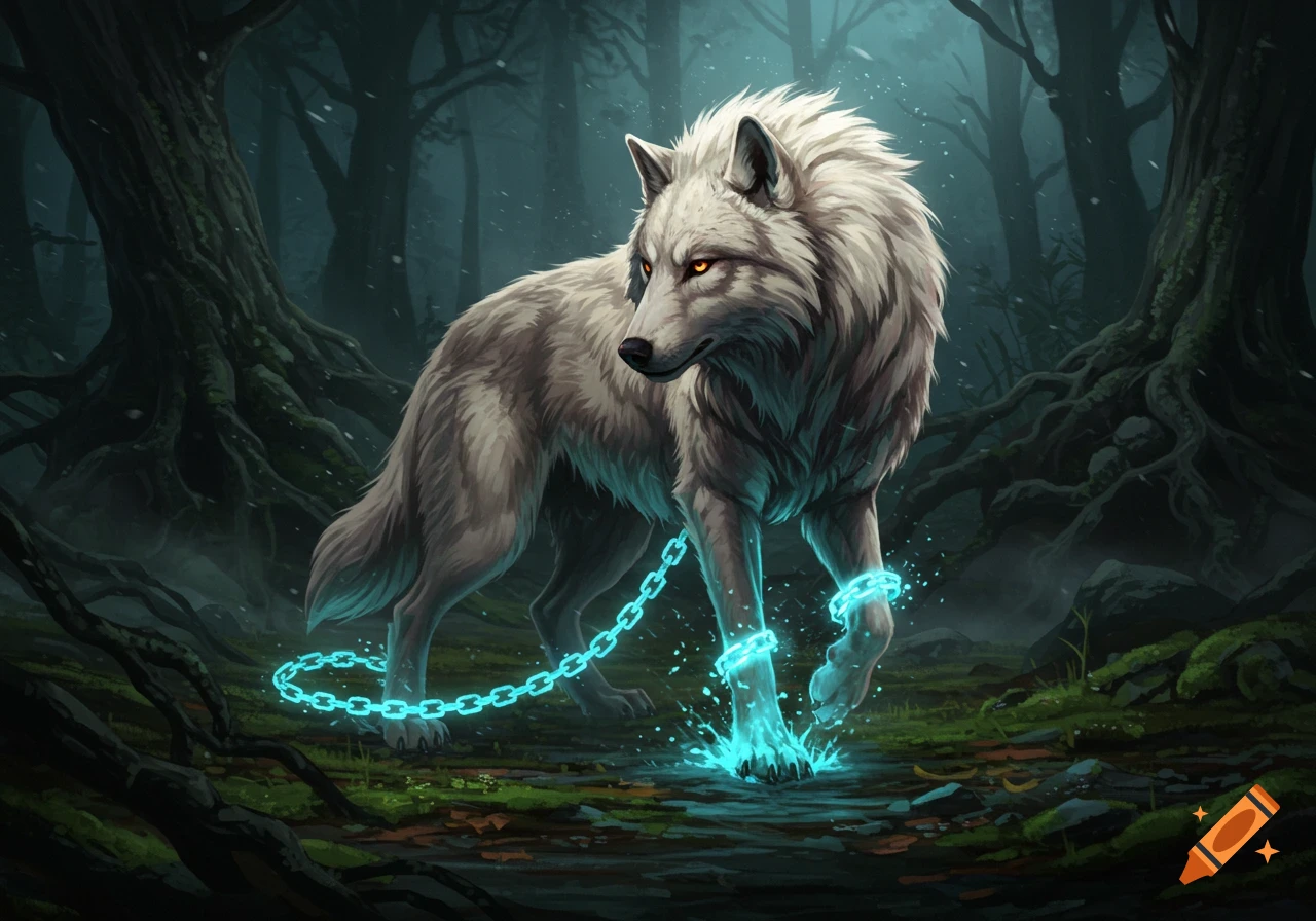 A majestic white wolf with glowing blue chains on its back legs stands ...