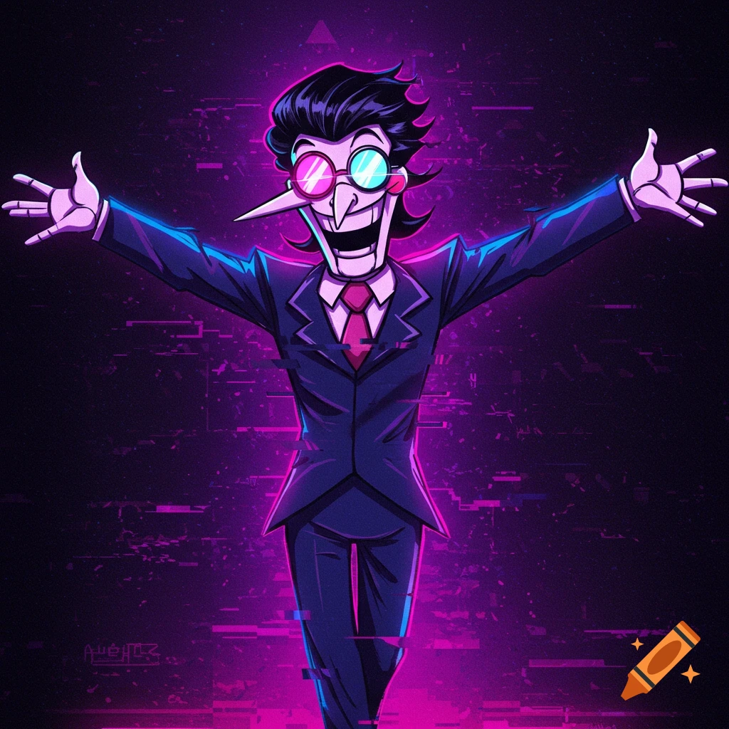 A stylized cartoon character, Spamton G. Spamton, with a long nose ...