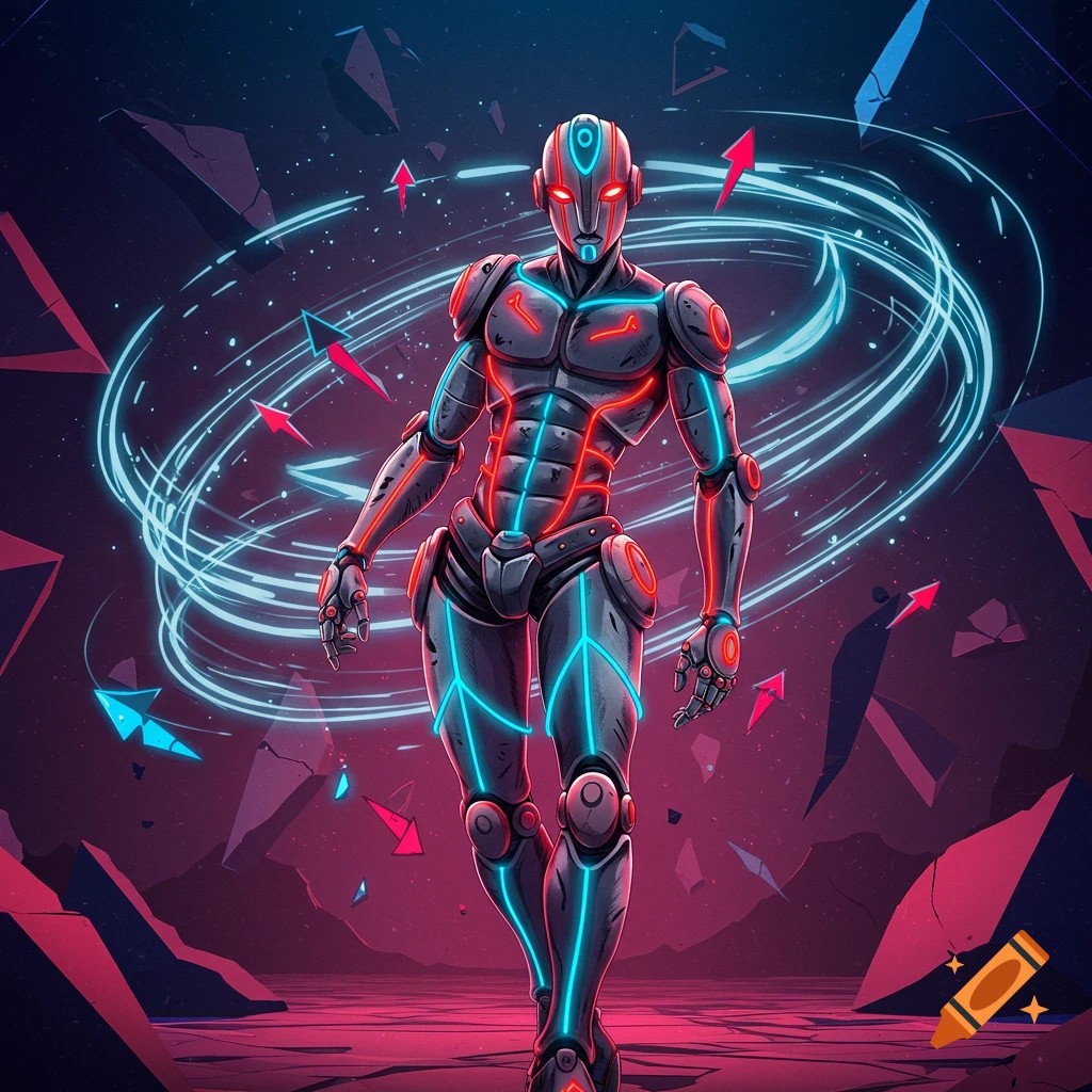 A stylized humanoid robot with glowing red and blue lines stands in a dark, futuristic setting ...