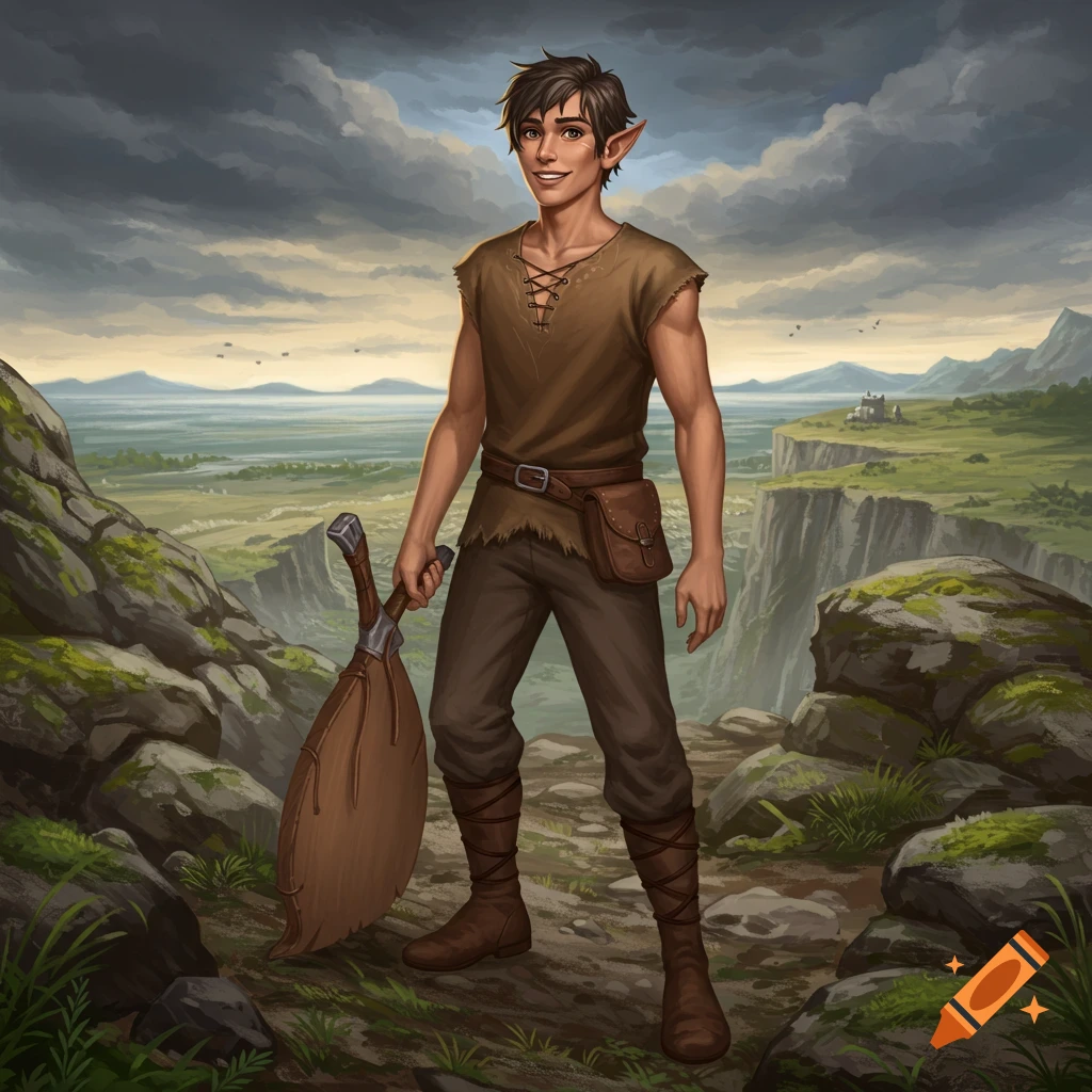 An elf-like character with pointed ears sits on a mossy rock in a ...