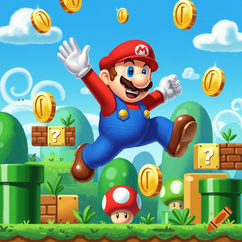 Cartoon Mario jumps happily, holding a question block in a vibrant ...