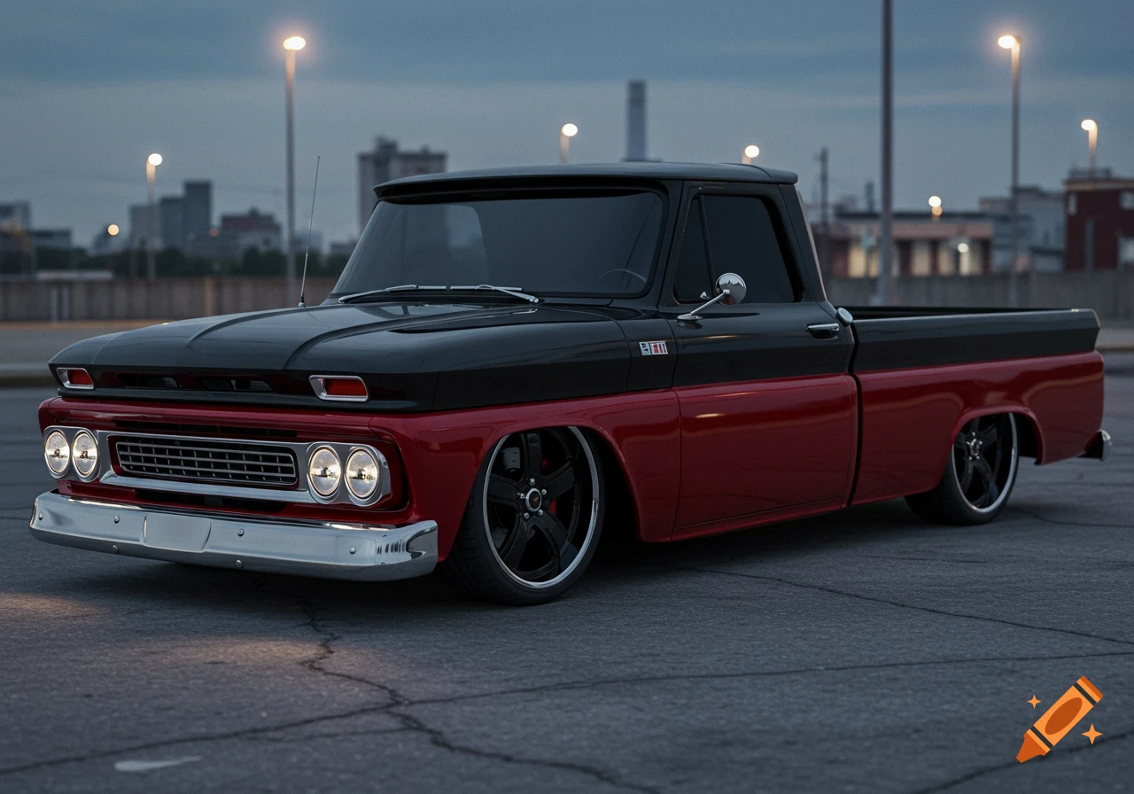 A low-angle shot of a lowered black and ruby red classic Chevrolet C10 ...