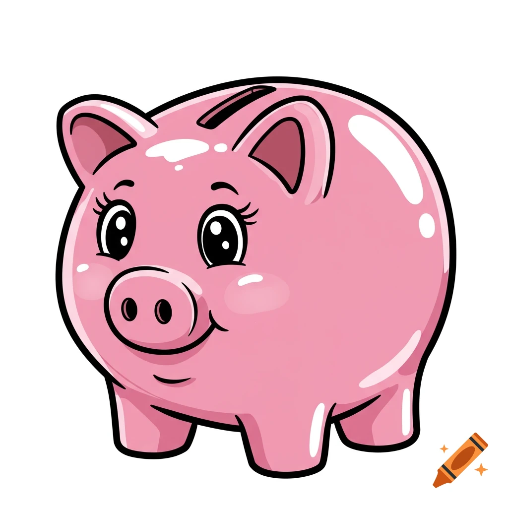 A cute pink cartoon piggy bank with large eyes and a coin slot on its ...