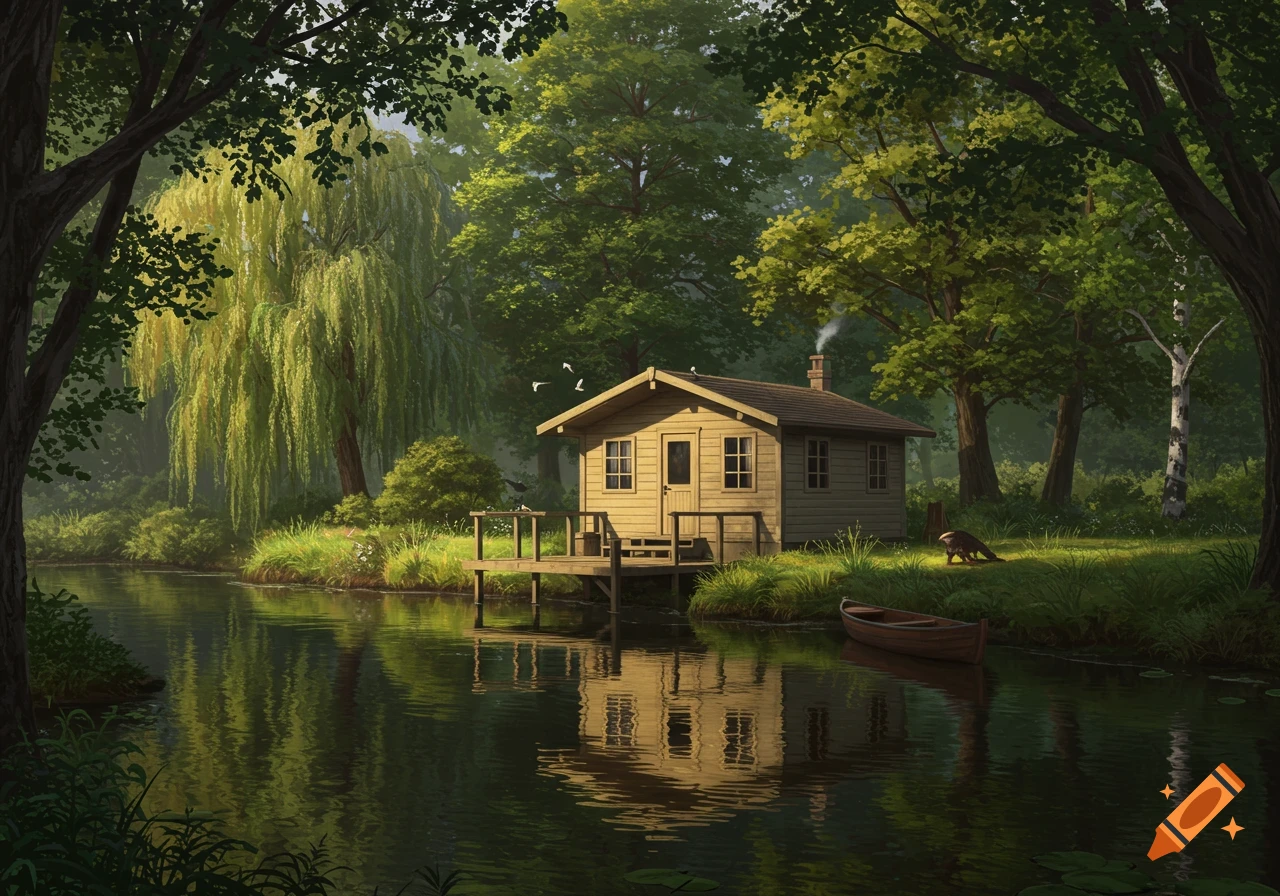 A rustic wooden cabin with a lit porch sits by a calm lake, surrounded ...