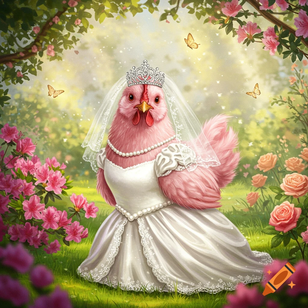 A whimsical pink chicken wearing a white bridal gown, veil, and tiara ...