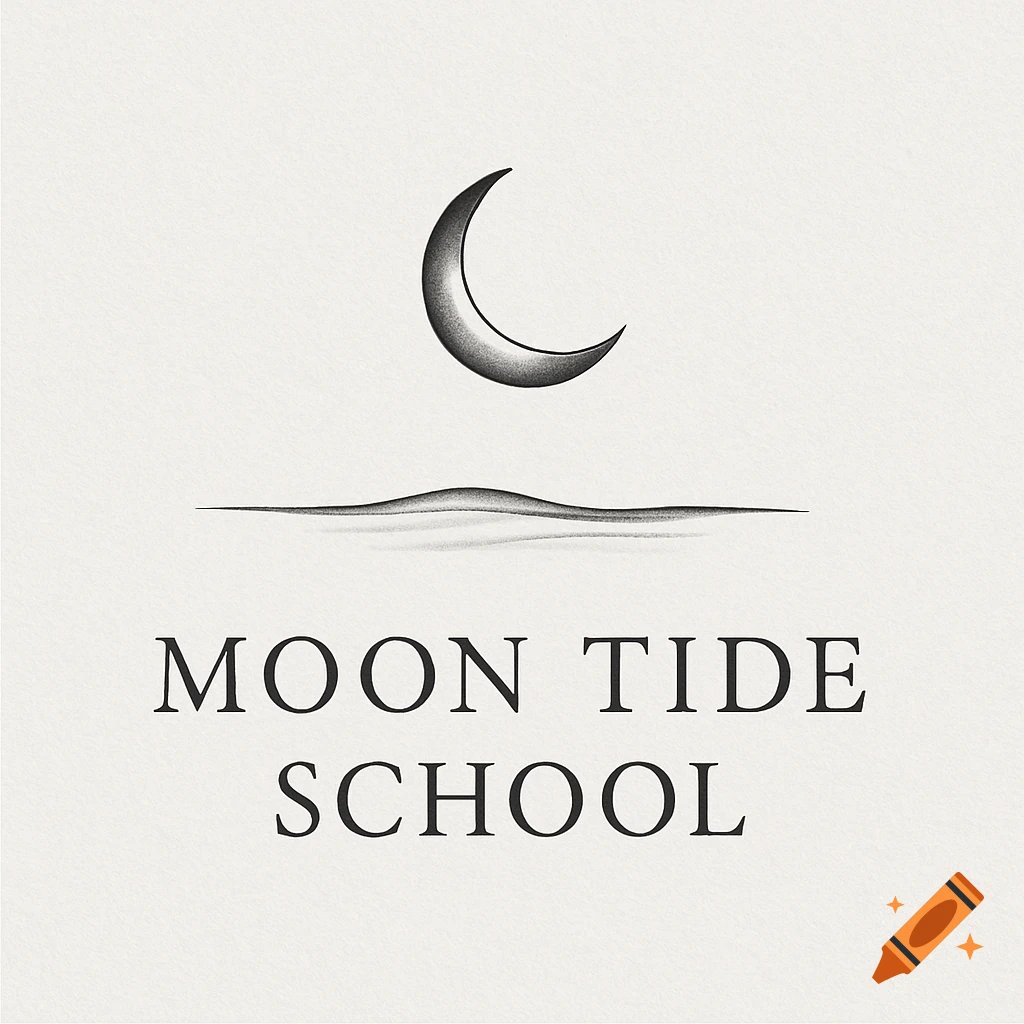 Minimalist logo with a dark crescent moon over a stylized wavy line ...