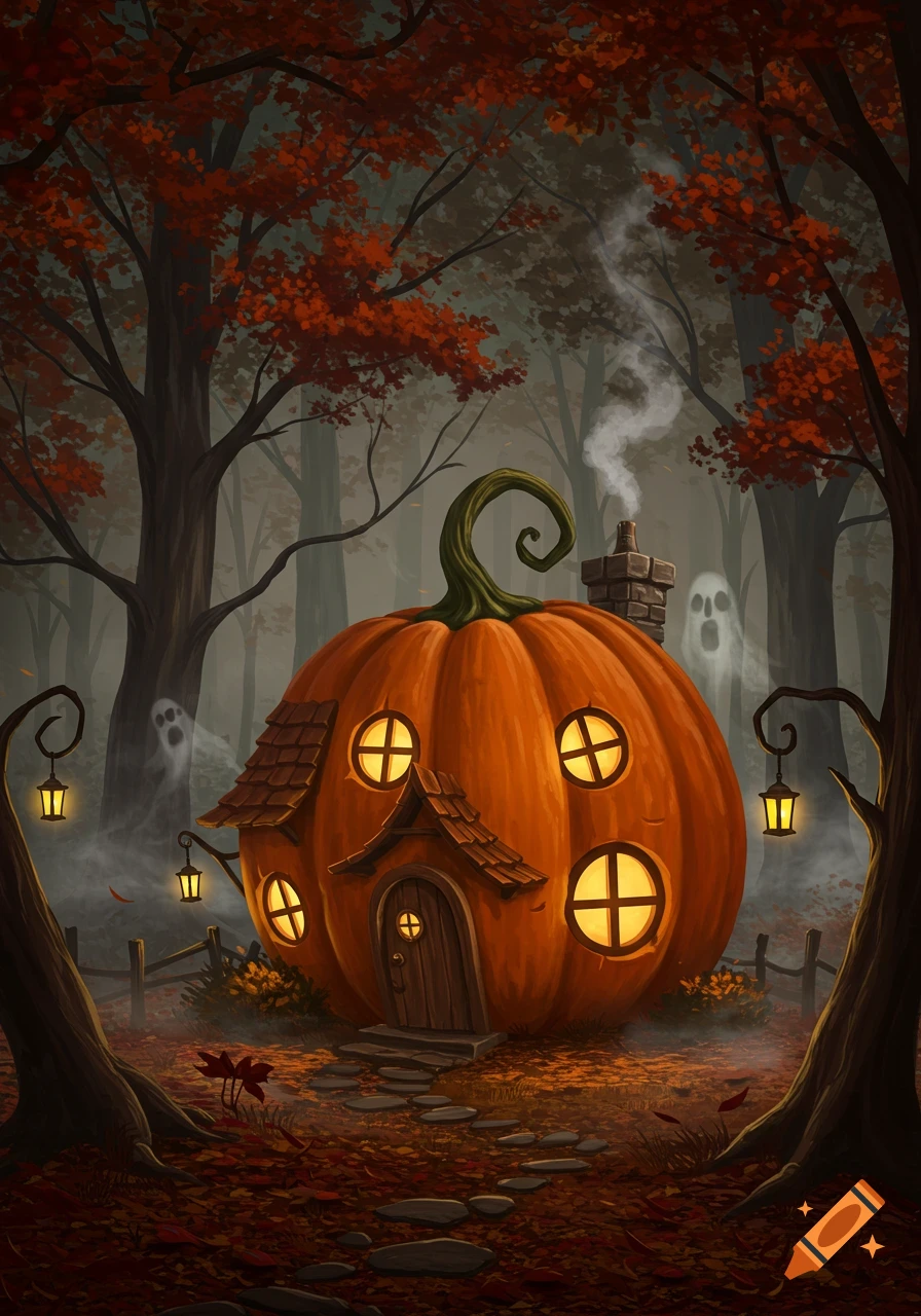 A vibrant illustration of a carved jack-o'-lantern pumpkin on grassy ...