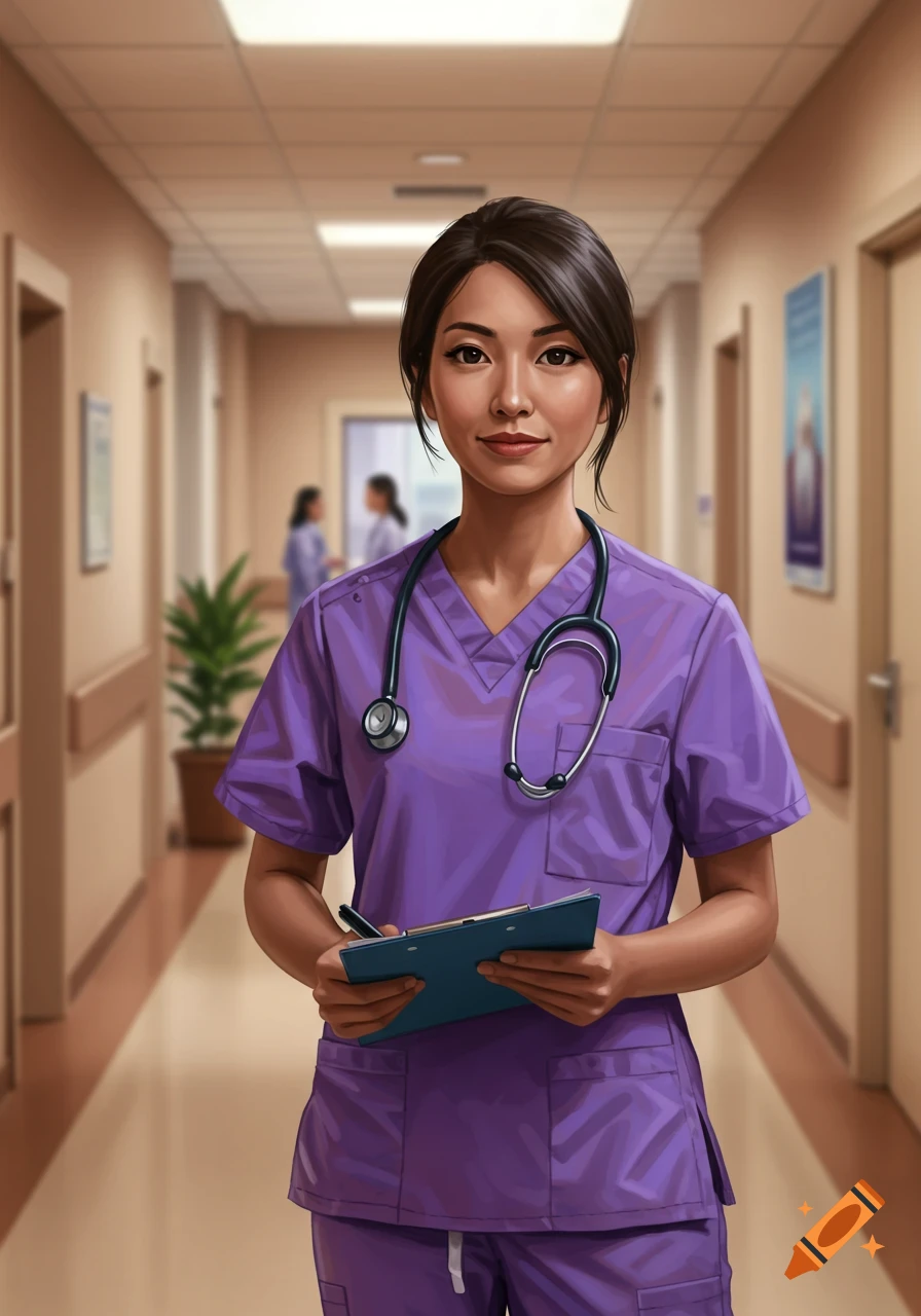 A smiling nurse in blue scrubs and a stethoscope stands in a hospital ...