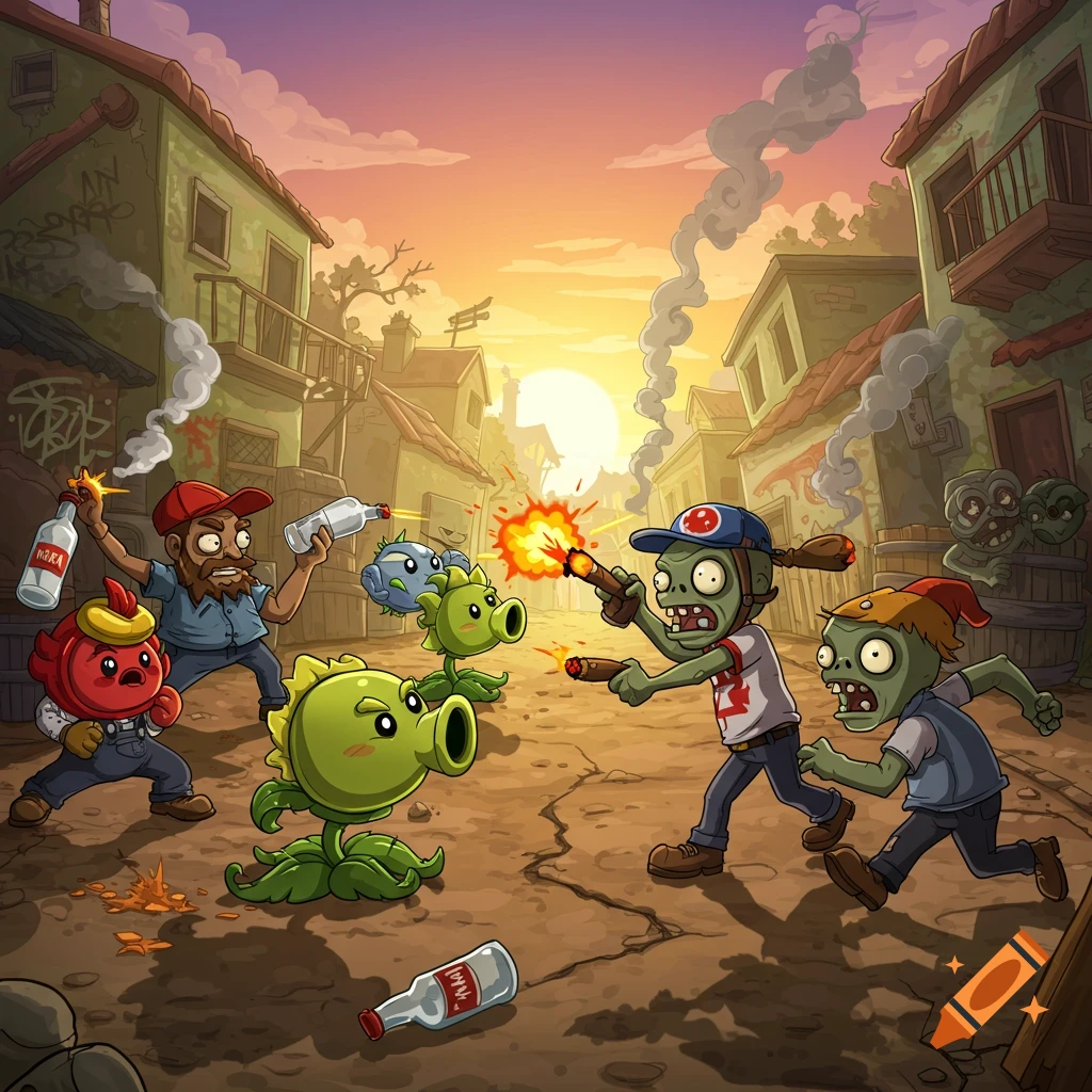 Cartoon battle scene in the style of Plants vs. Zombies. Homeless ...