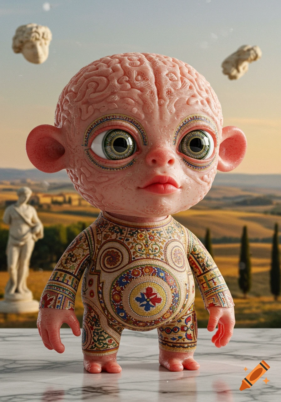 A surreal, photorealistic creature with a brain-like head and ornate ...
