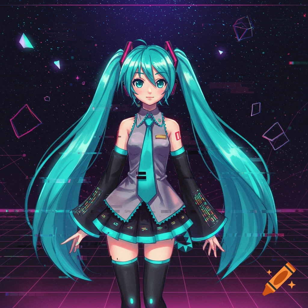 Hatsune Miku smiles, wearing a vibrant tie-dye shirt and a teal tie, in ...