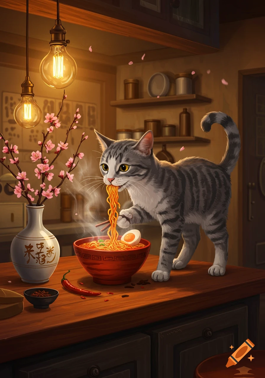 A smiling cartoon mouse in a red cheongsam cooks in a wok over an open ...