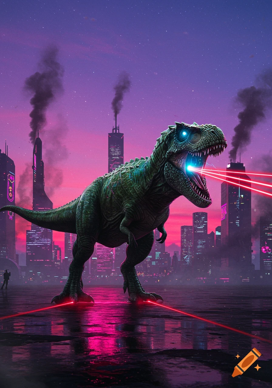 A giant green T-Rex with glowing blue eyes and red lasers from its ...