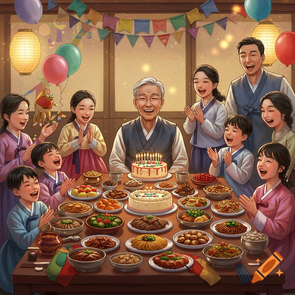 An illustrated Korean family in hanbok celebrates a grandfather's ...