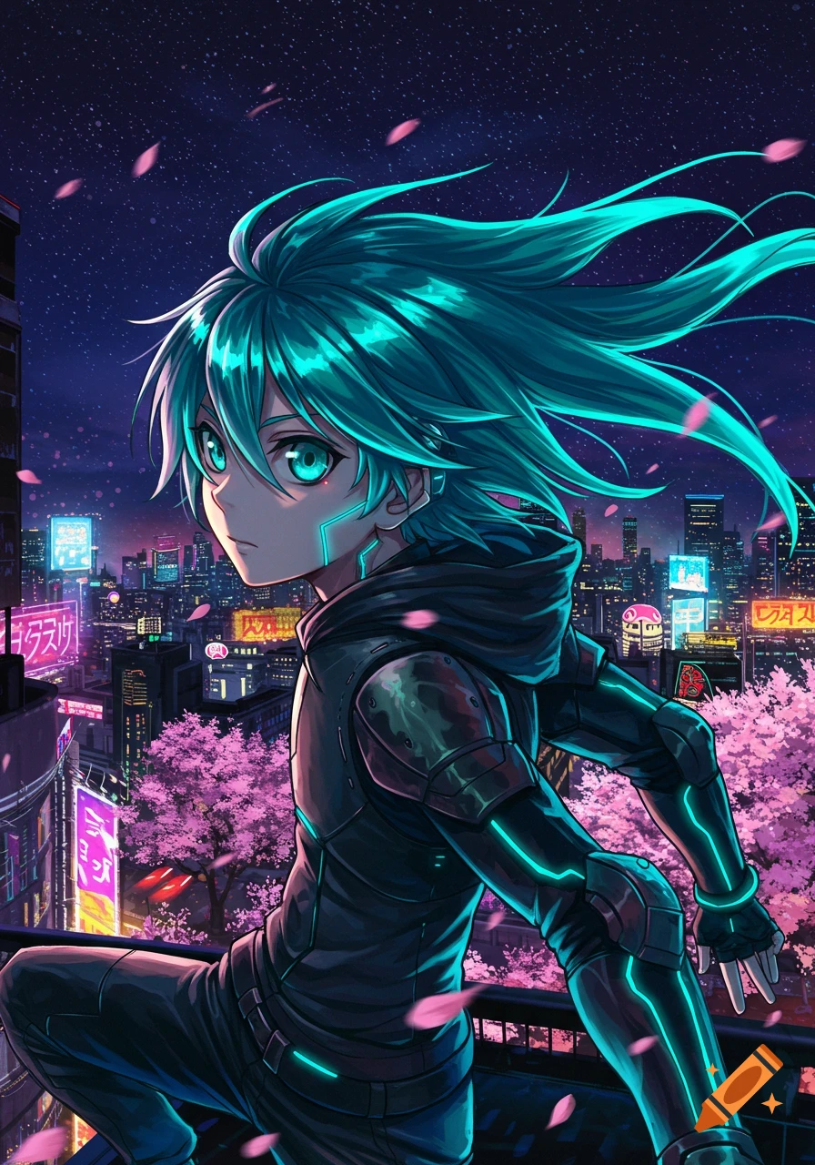 Anime girl with blue pigtails riding a dark blue motorcycle through a ...