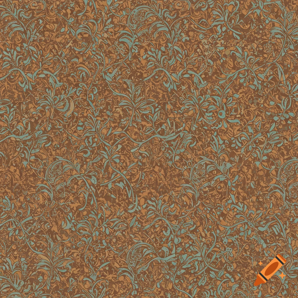 Seamless pattern of ornate blue-green foliage on a mottled brown and ...