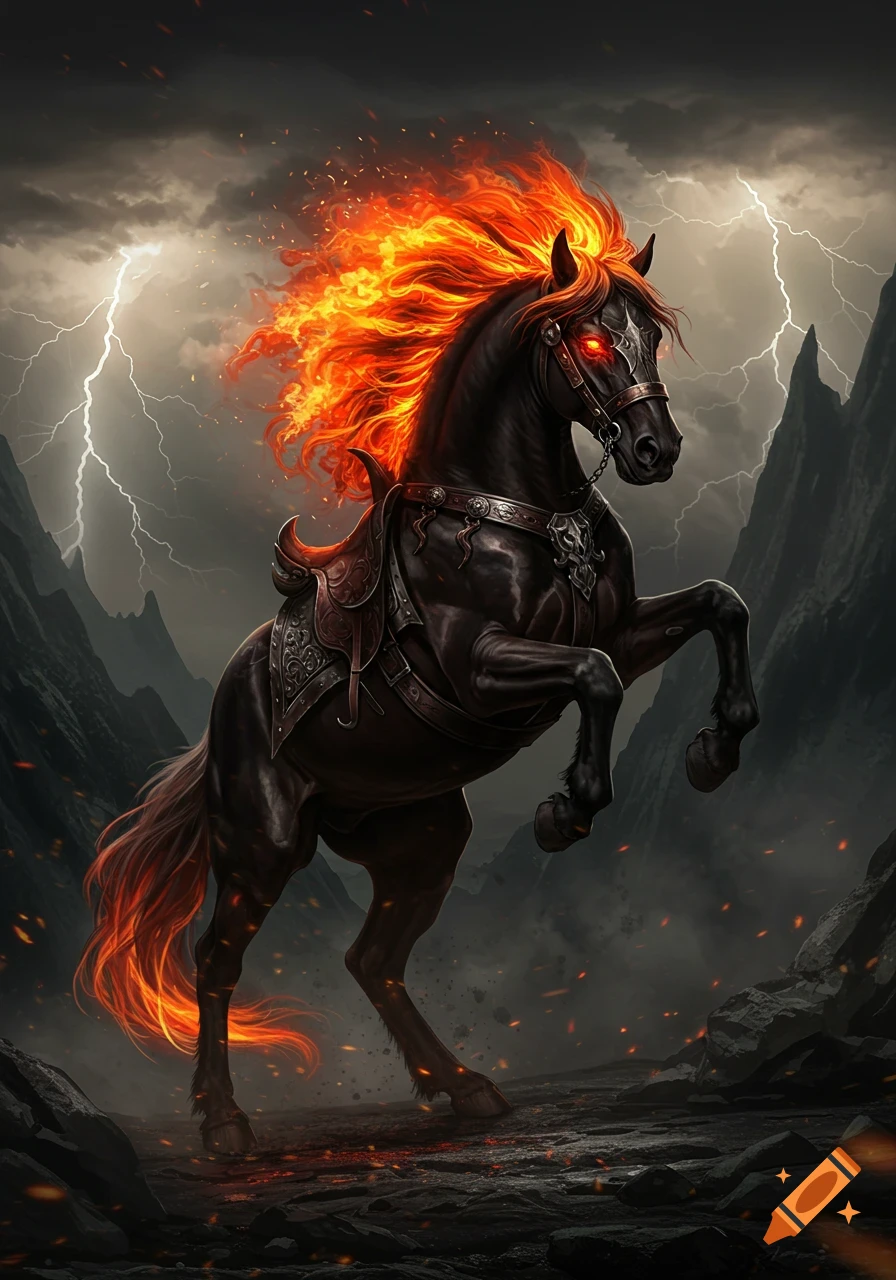 Vibrant fantasy illustration of a rearing fiery horse surrounded by red ...