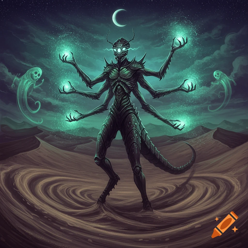 A multi-limbed insectoid creature with glowing eyes and six arms ...