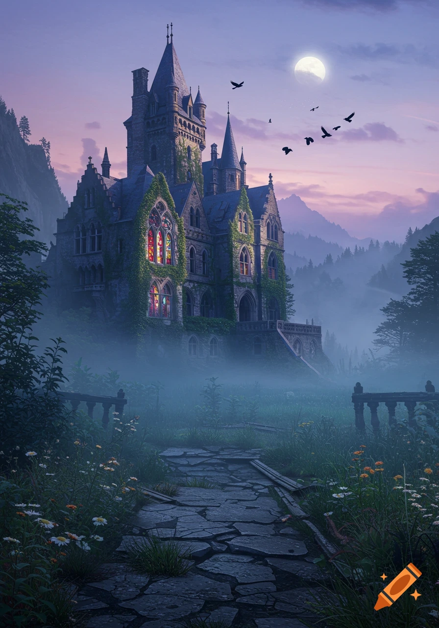 A majestic gothic castle with glowing stained-glass windows stands on a ...