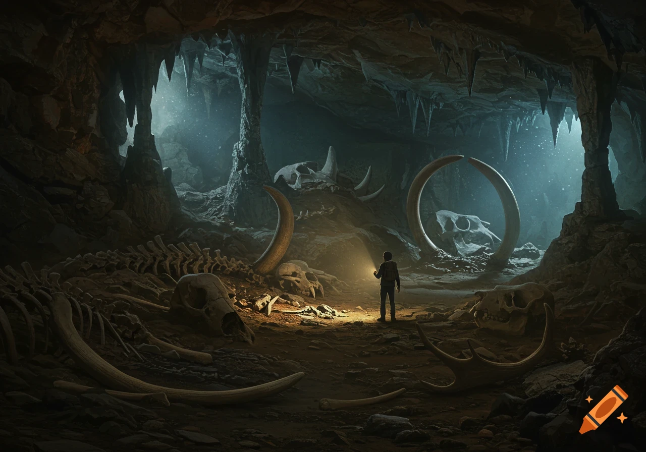 An explorer uses a flashlight to illuminate ancient symbols on a dark ...