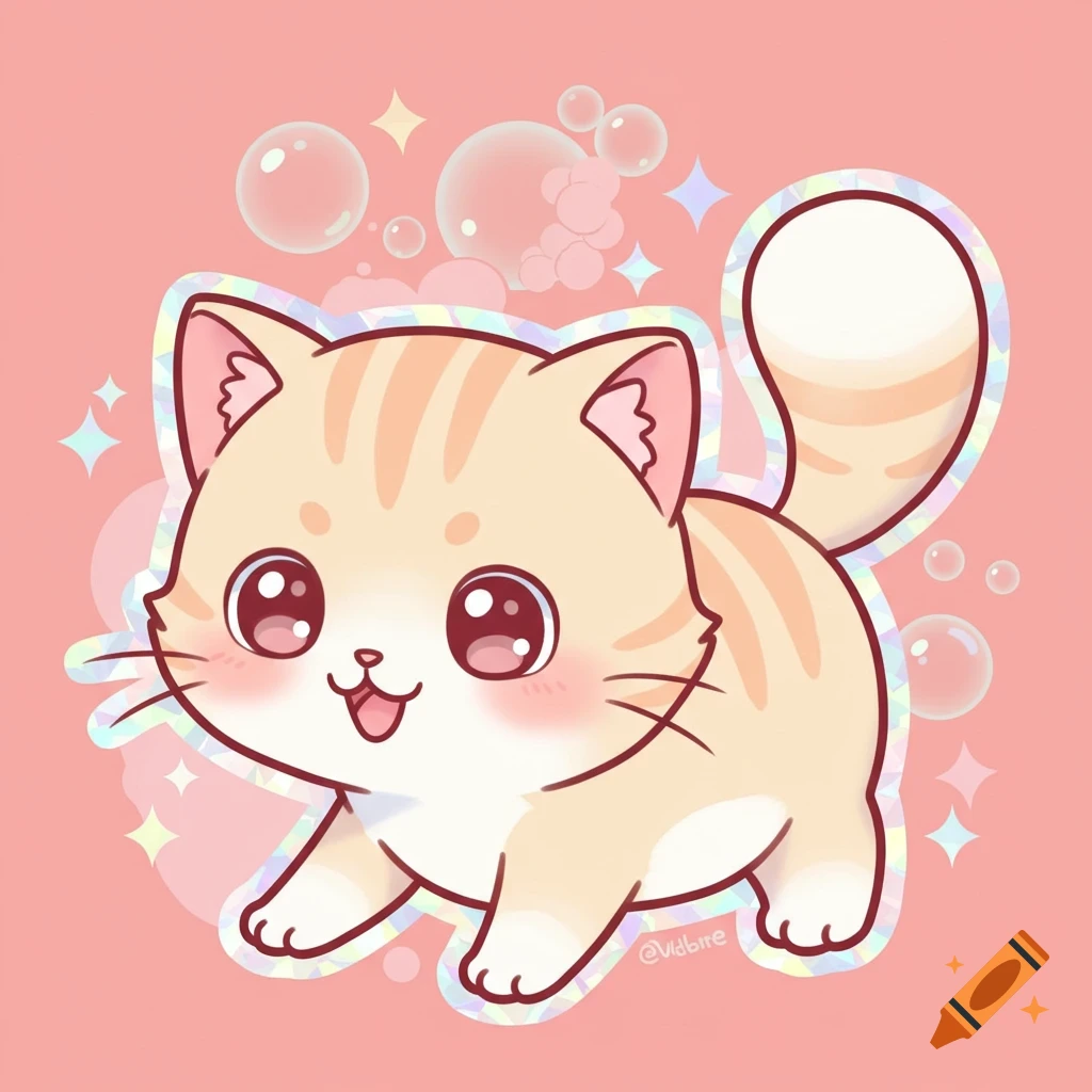 A cute, cartoon ginger kitten with big sparkling eyes on a pink ...