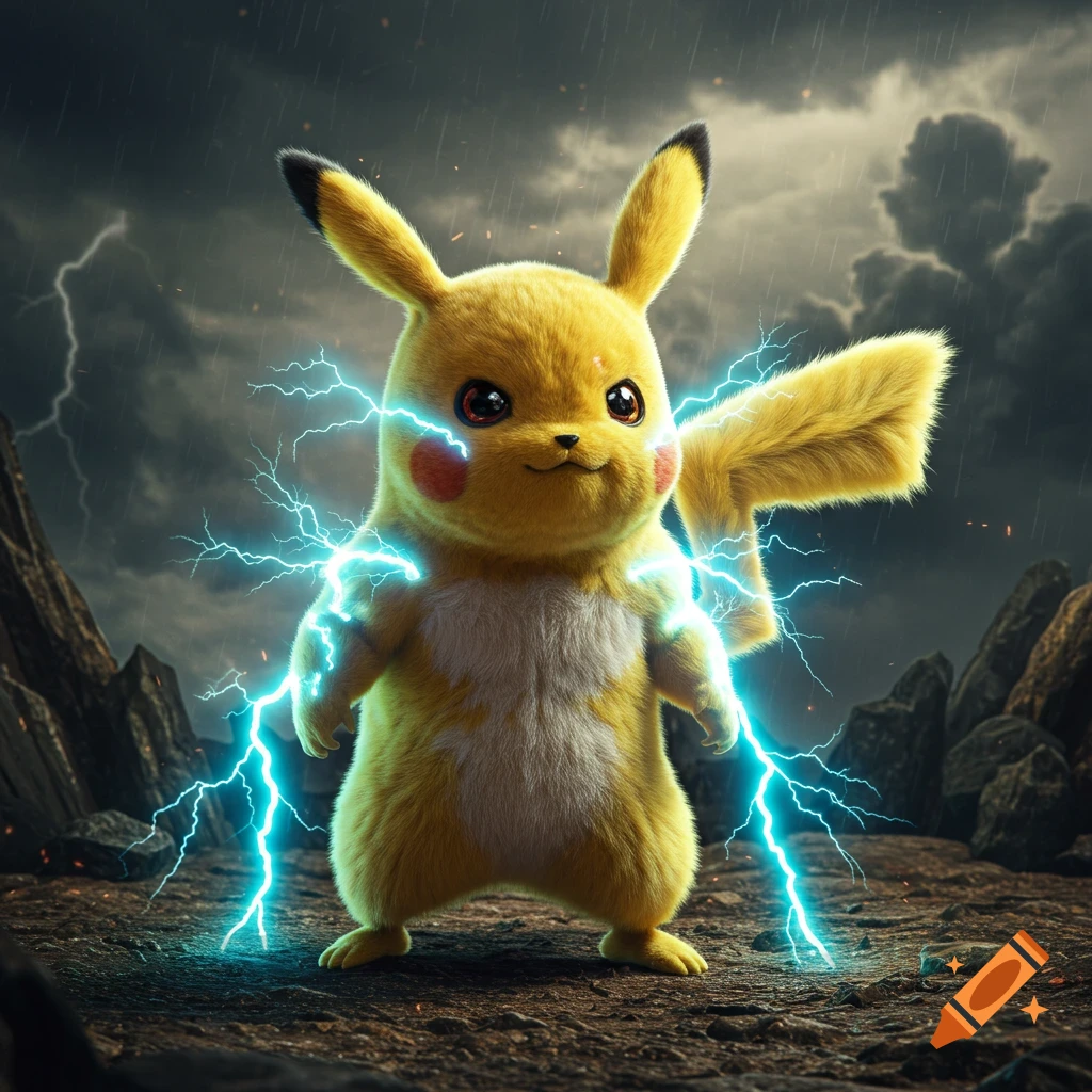 A muscular Pikachu with glowing red eyes stands on a rocky ground ...