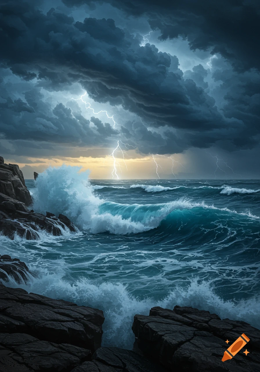 A large blue ocean wave with a white foam crest, and a shark swimming underwater near the base ...