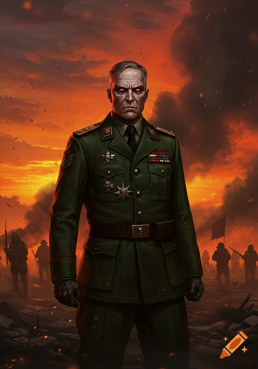 A stern military general with glowing red eyes stands in a war-torn ...