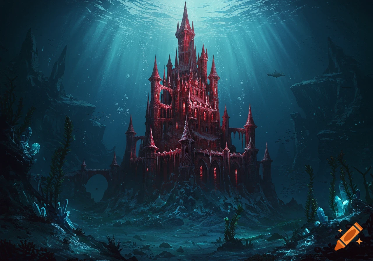 A dark red gothic vampire castle submerged deep underwater, illuminated ...