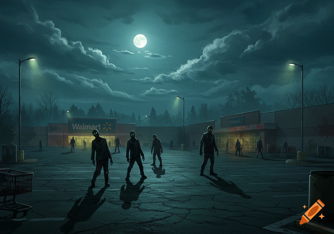 A full moon illuminates a dark Walmart parking lot swarming with ...