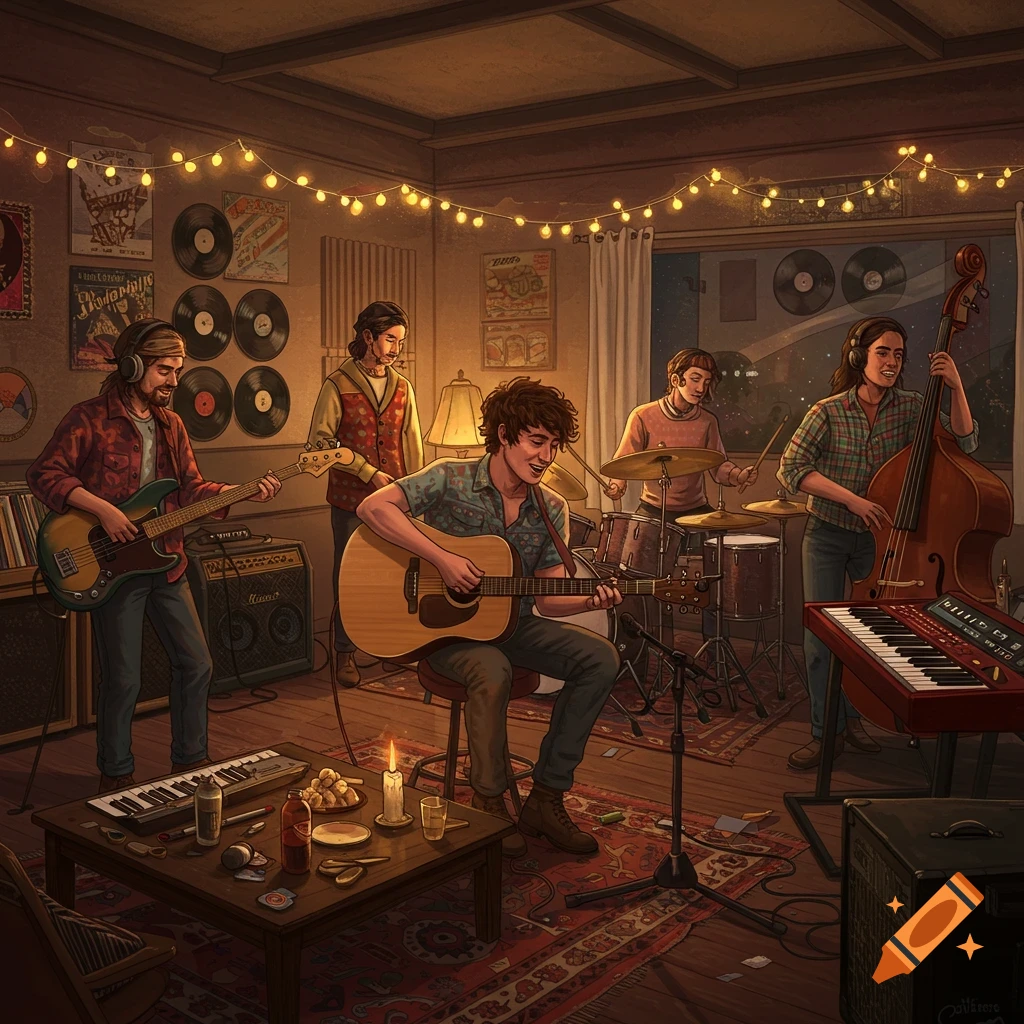 A diverse band of musicians, playing acoustic guitars, performs on a ...