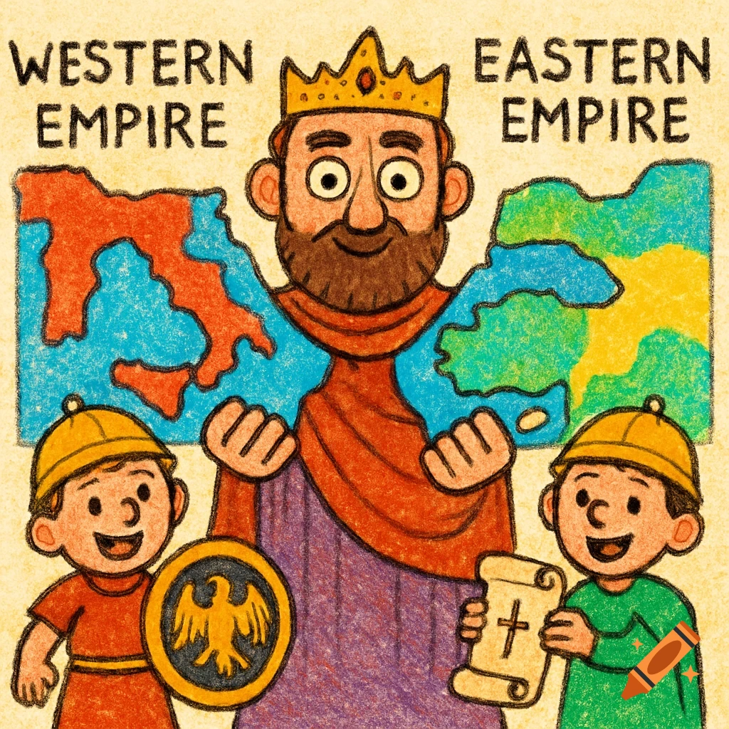 A childlike crayon drawing of Emperor Theodosius dividing the Roman ...