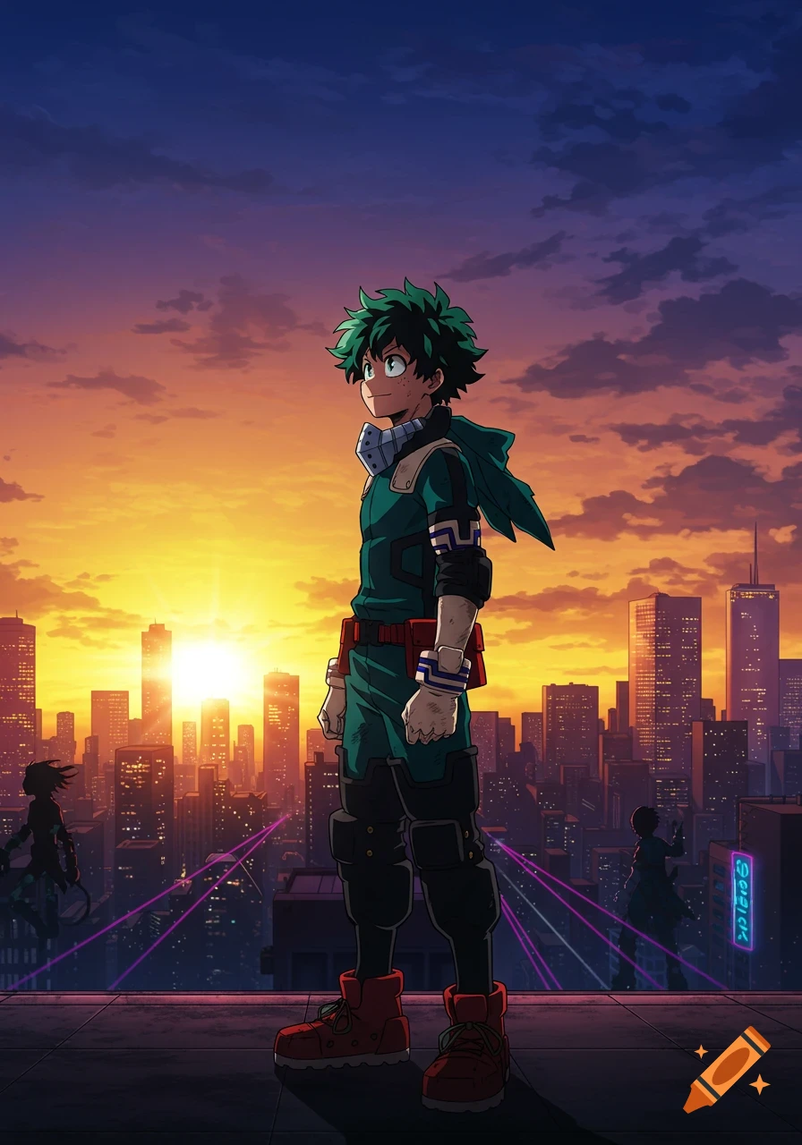 Anime character Izuku Midoriya stands on a rooftop at sunset, gazing at ...