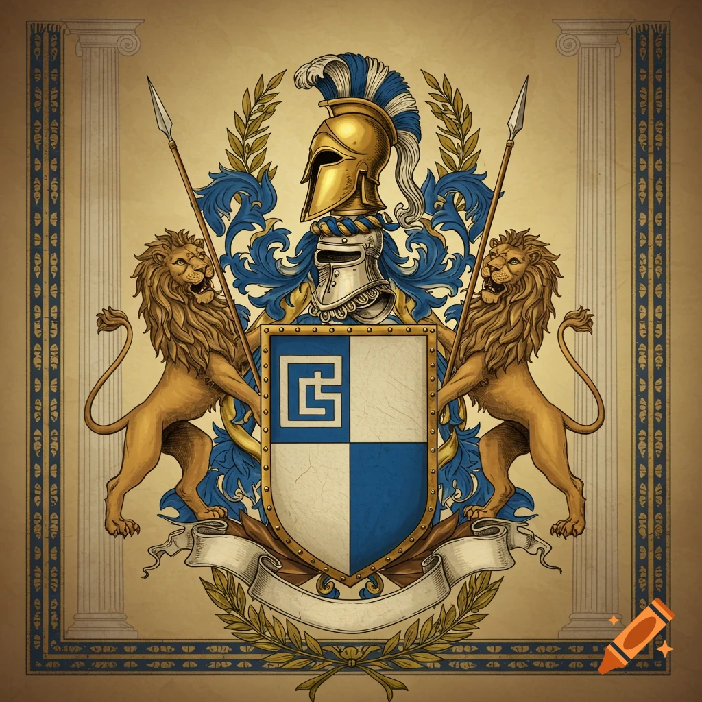 Highly detailed golden heraldic shield with a crowned lion and a ...