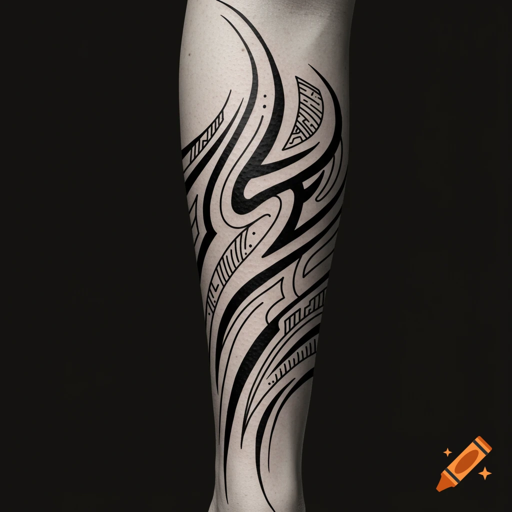 A black linear tribal tattoo design on a person's limb against a dark ...
