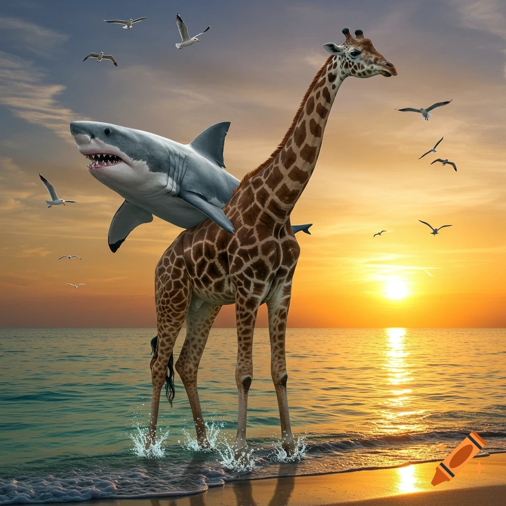 A photorealistic giraffe with a shark head stands in the ocean at ...