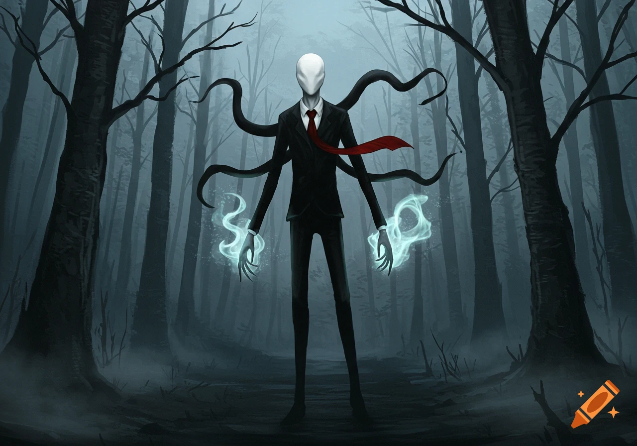Stylized black and white illustration of Slender Man with long limbs ...