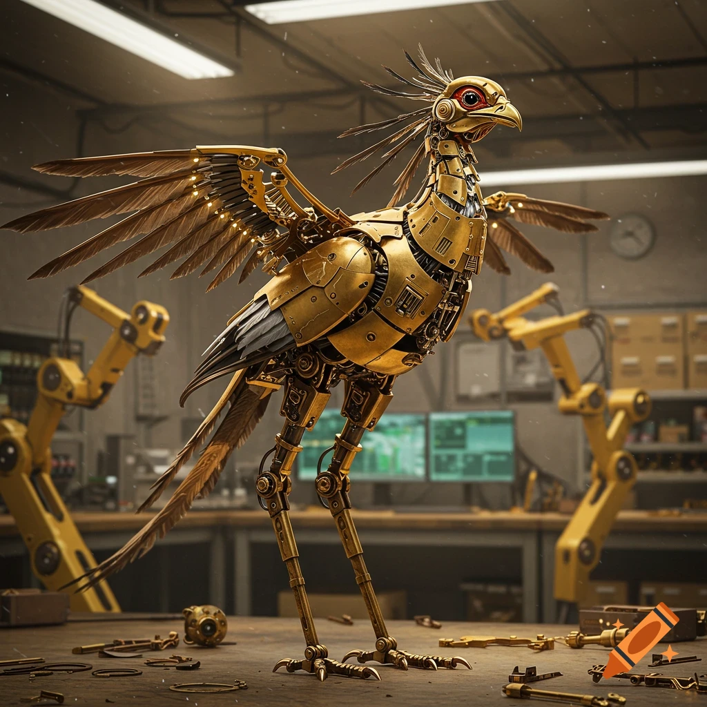 A detailed brass robotic secretary bird stands on a workbench in a ...