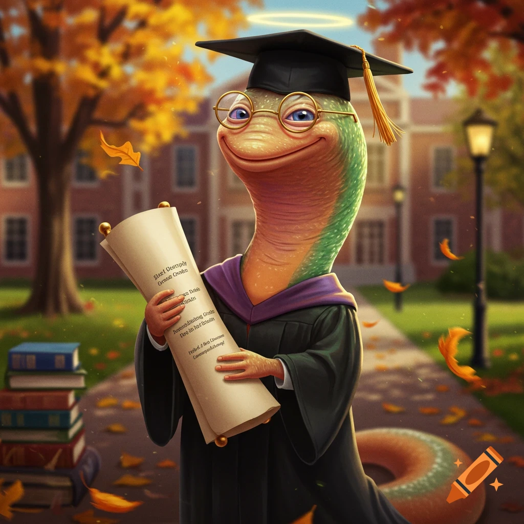 A cartoon lizard in a graduation cap and gown holds a scroll on a ...