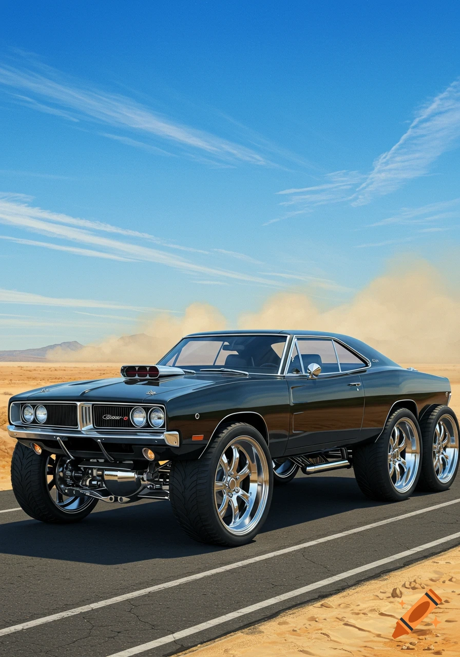 A customized black 1969 Dodge Charger with three axles drives on a ...